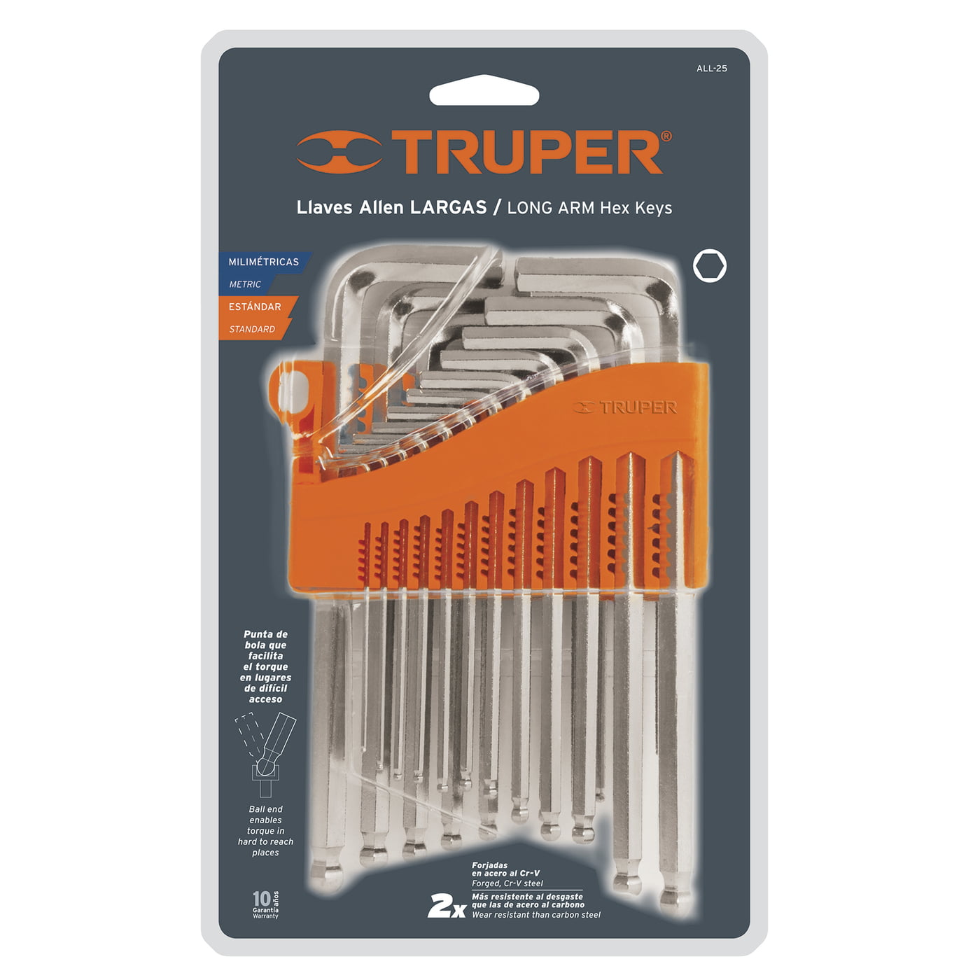 Juego 25 llaves allen largas std y mm punta bola,organizador