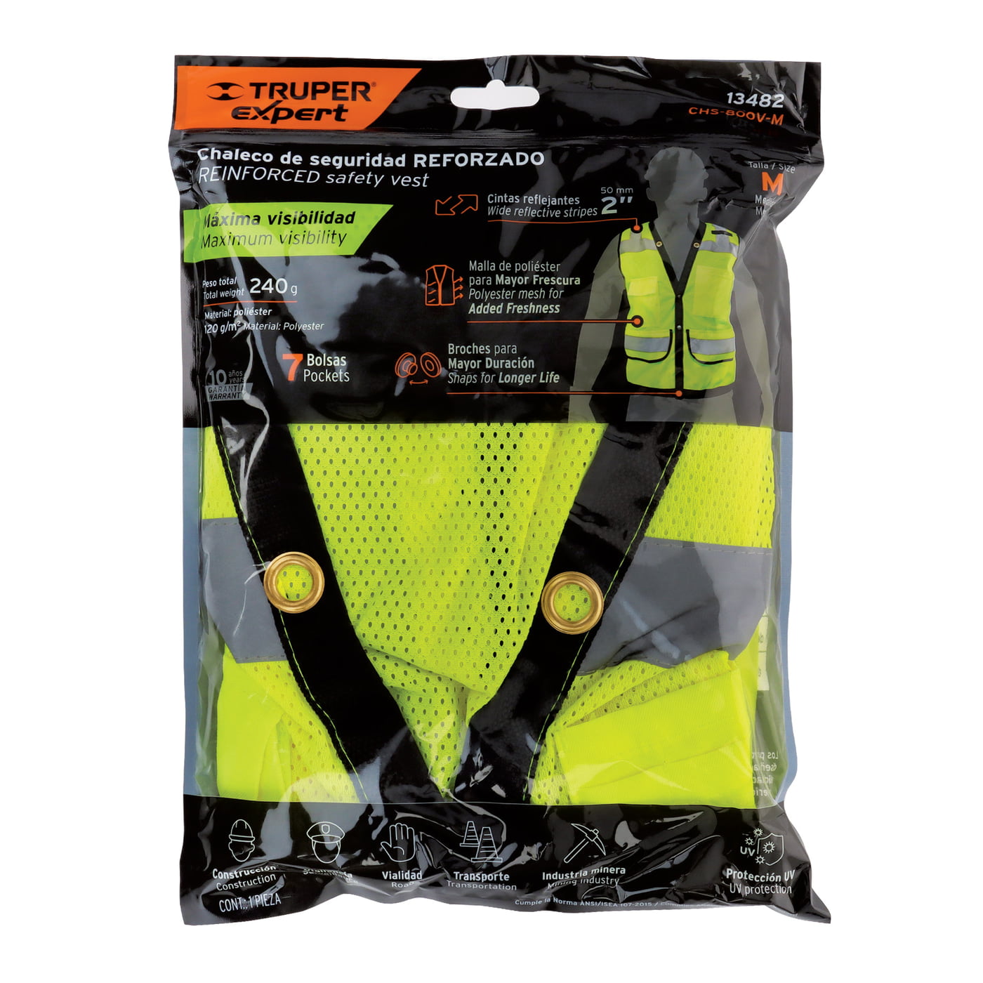 Chaleco seguridad reforzado verde con bolsas, M, EXPERT - 13482 - CHS-800V-M - Caja con 5 Pieza ...