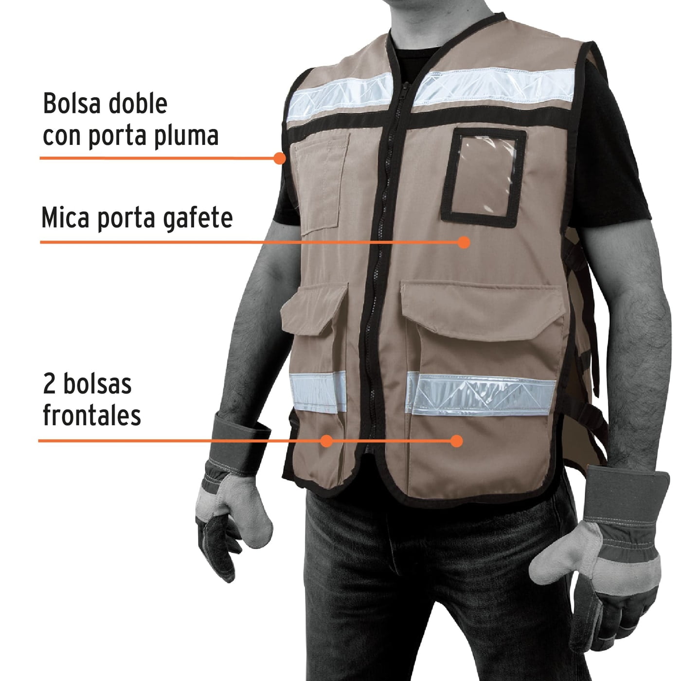 Chaleco brigadista con cintas reflejantes, color beige - CHS-900B / 14668