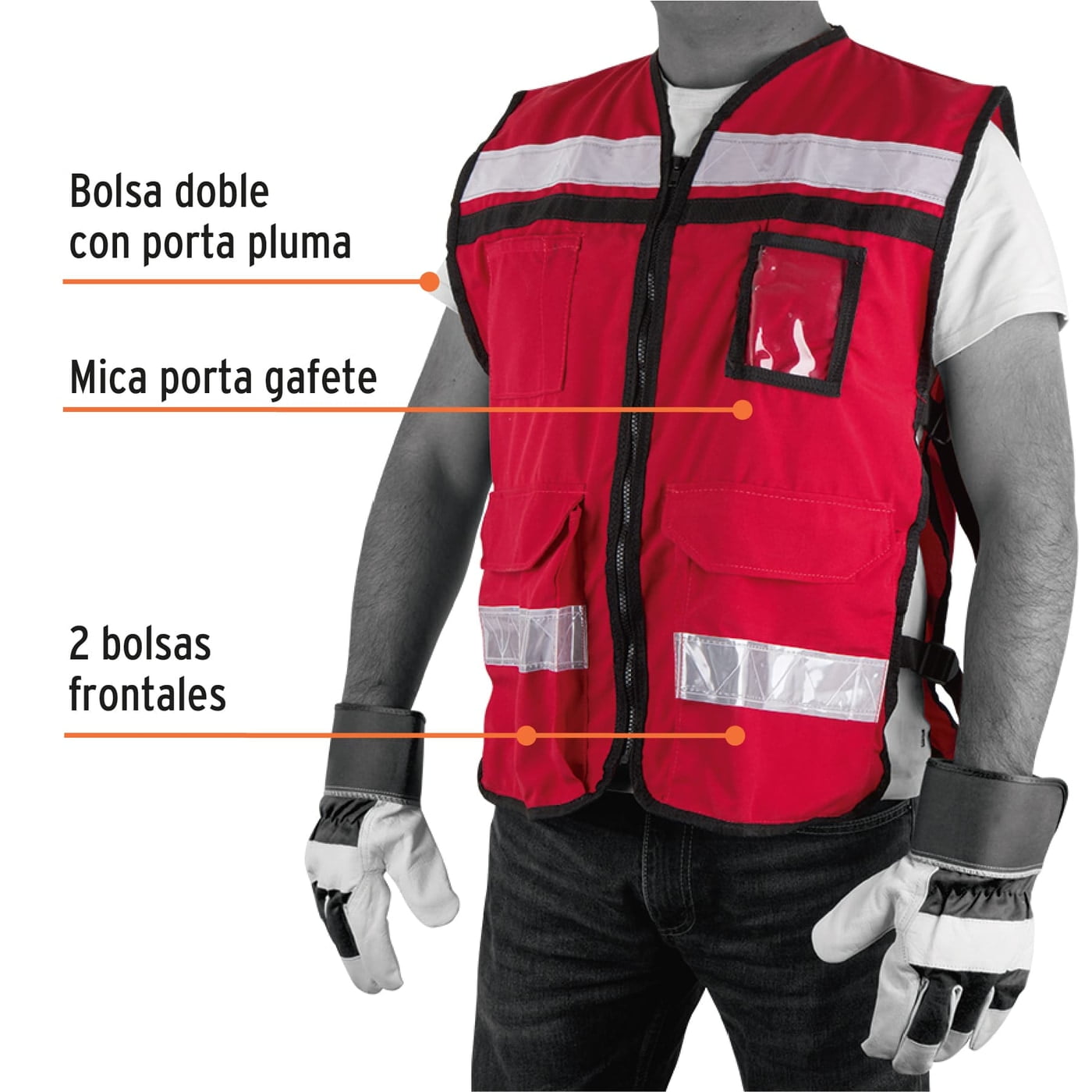 Chaleco brigadista con cintas reflejantes, color rojo - CHS-900R / 14663