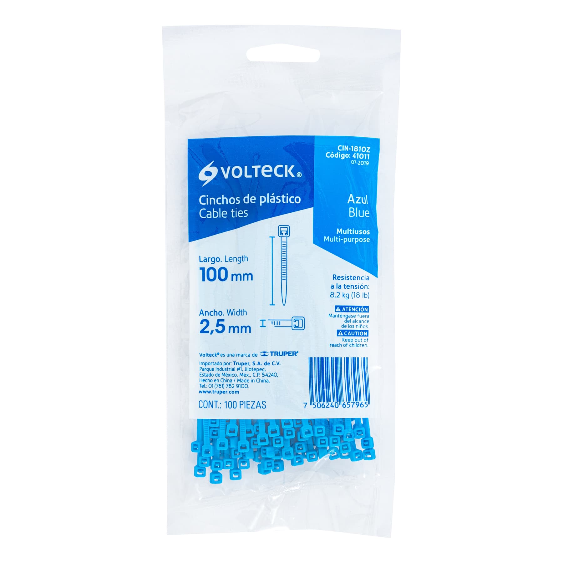 Bolsa con 100 cinchos plásticos 18 lb, 100 x 2.5 mm, azules - CIN-1810Z ...