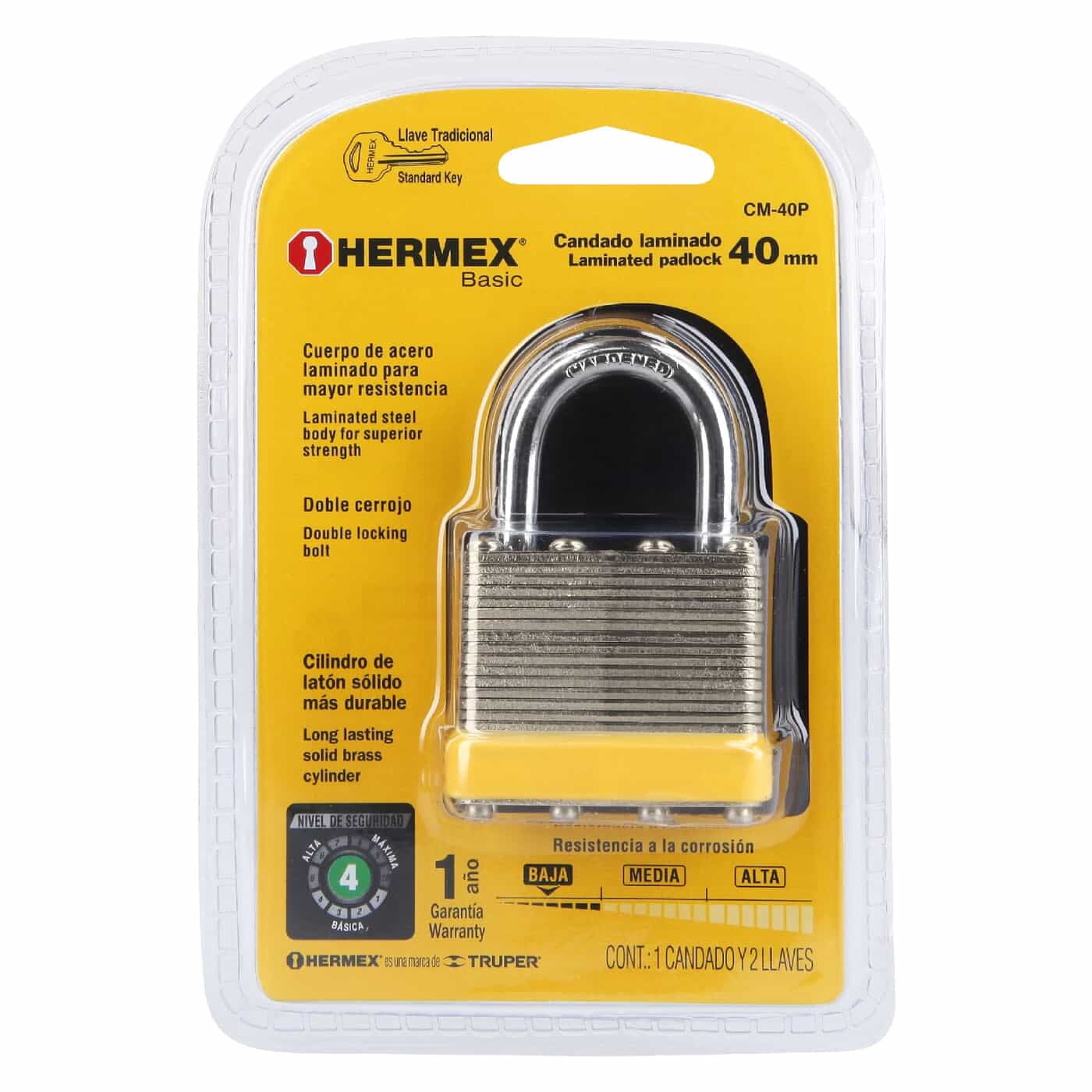 Candado laminado, 40mm, gancho corto, blister, Hermex Basic - CM-40P ...