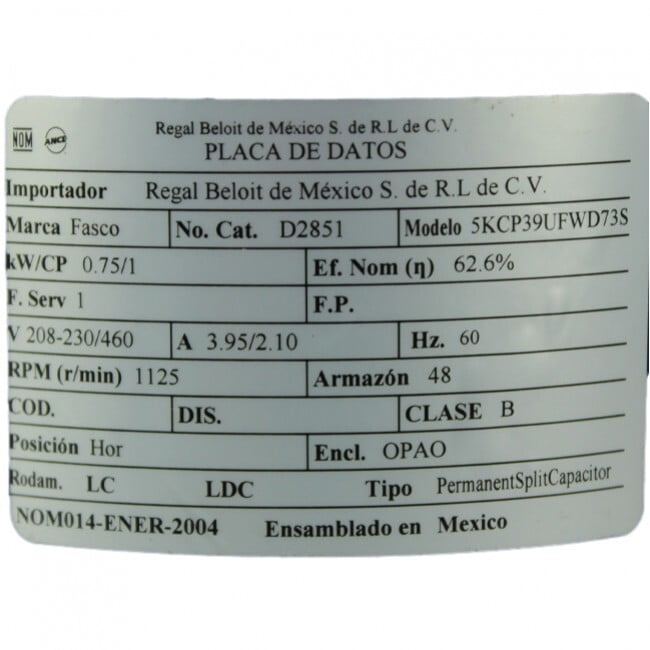 Motor Fasco 1125 RPM 1 3/4 HP 208-230/460 60 Hz. 4.6 Amps CW 1 ...