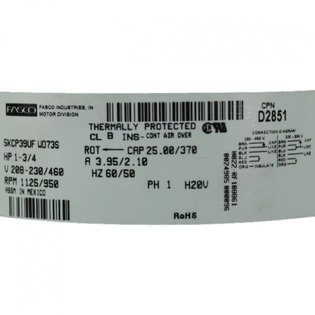 Motor Fasco 1125 RPM 1 3/4 HP 208-230/460 60 Hz. 4.6 Amps CW 1 ...