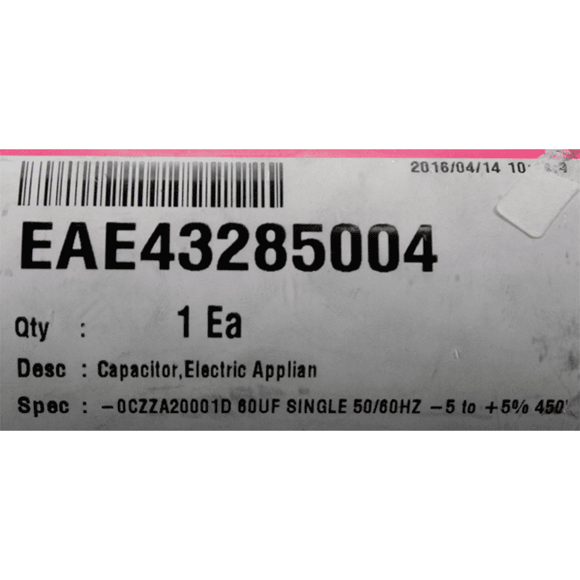 Capacitor Para Minisplit Lg 60Uf 450Vac - Eae43285004