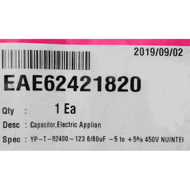 Capacitor Doble Para MiniSplit LG 60/6 Mf 450 Vac - EAE62421820