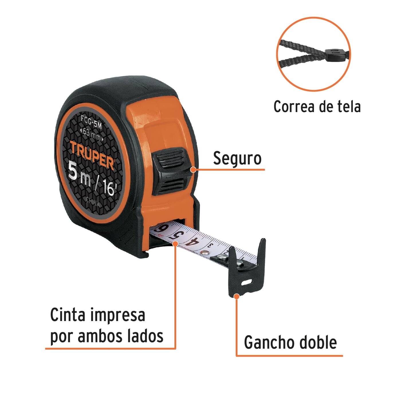 Flexómetro compacto, contra impactos 5 m, cinta 19 mm - FCG-5M / 12772