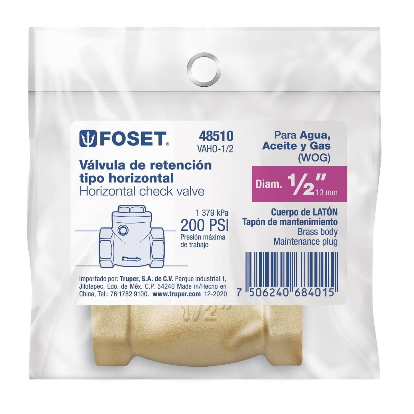 Válvula check horizontal de latón, 1/2' - VAHO-1/2 / 48510