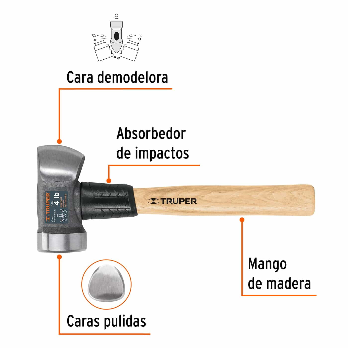 Marro demoledor 4 lb, mango de madera 12", Truper MD-4HX / 11256