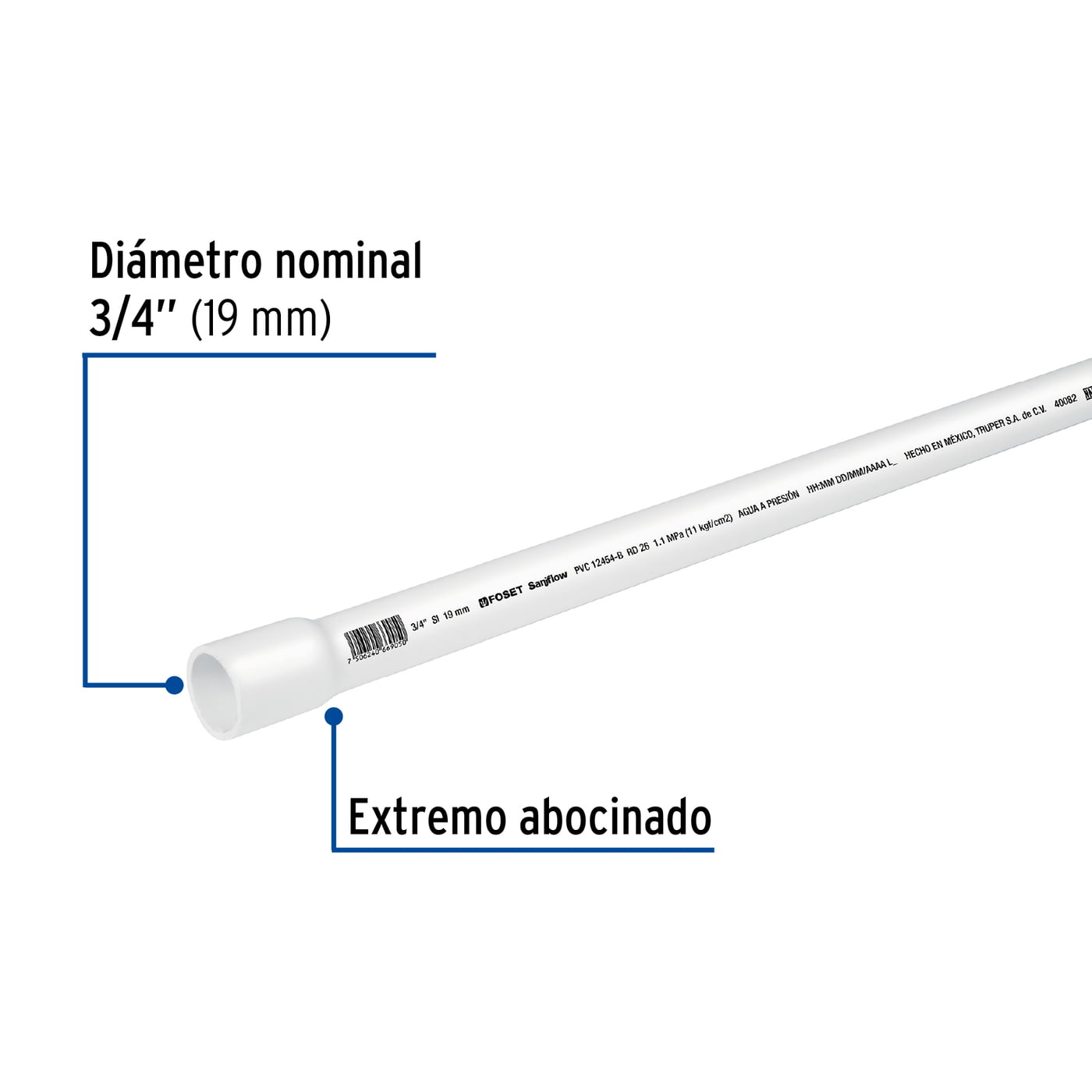 Tubo de 3 m de PVC de 3/4' hidráulico RD 26, Saniflow - PVC-102.