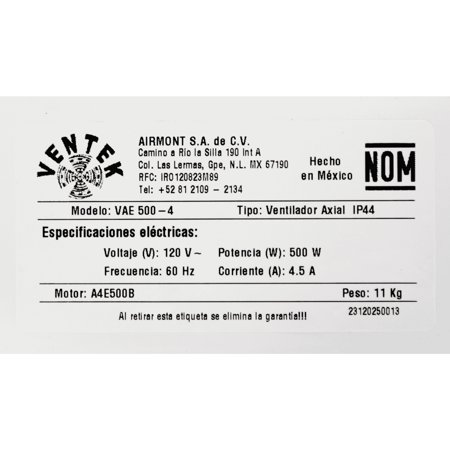 Ventilador Axial VENTEK 20” 127V 4002 CFM